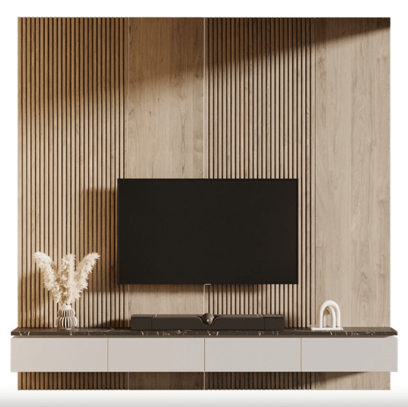 Wood Slat TV Wall Unit UAE | Floating Console with Marble Top